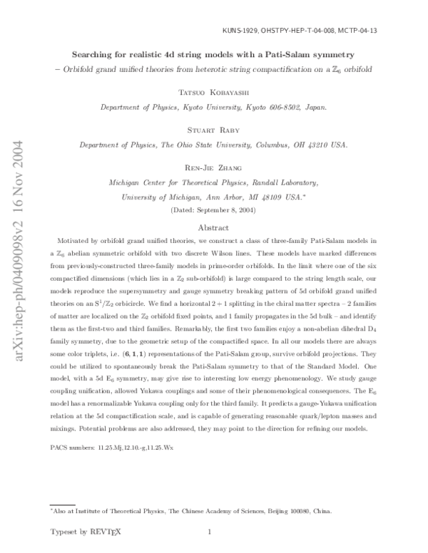 (PDF) Searching for realistic 4d string models with a Pati–Salam symmetry. Orbifold grand ...