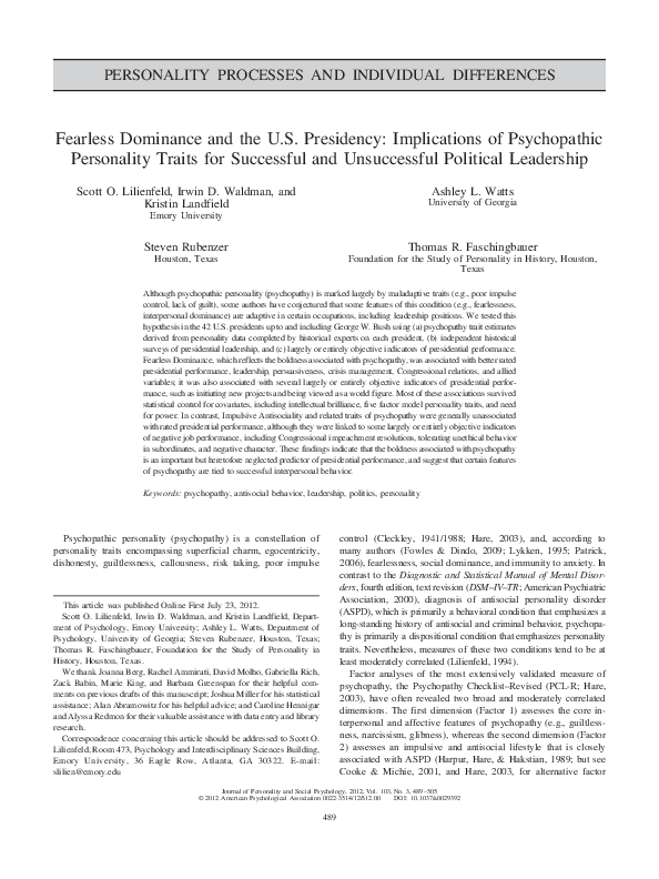 (PDF) Fearless dominance and the U.S. presidency: Implications of ...