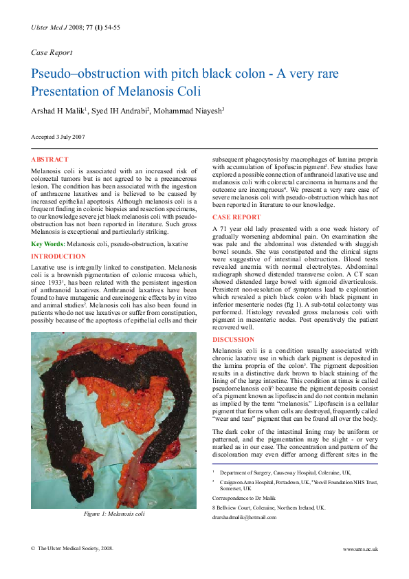 (PDF) Pseudo-obstruction with pitch black colon--a very rare ...