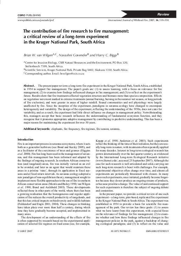 (PDF) The contribution of fire research to fire management: a critical ...