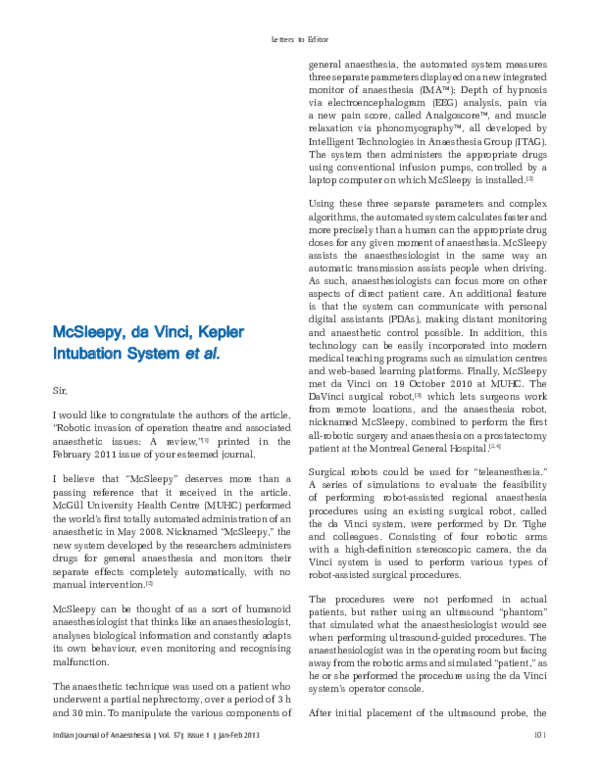 (PDF) McSleepy, da Vinci, Kepler Intubation System et al