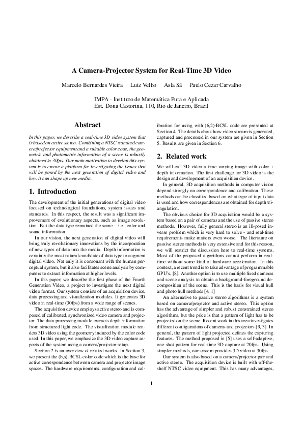 (PDF) A Camera-Projector System for Real-Time 3D Video
