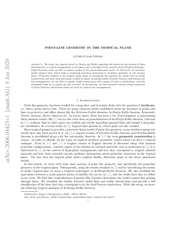 (PDF) Point line geometry in the tropical plane