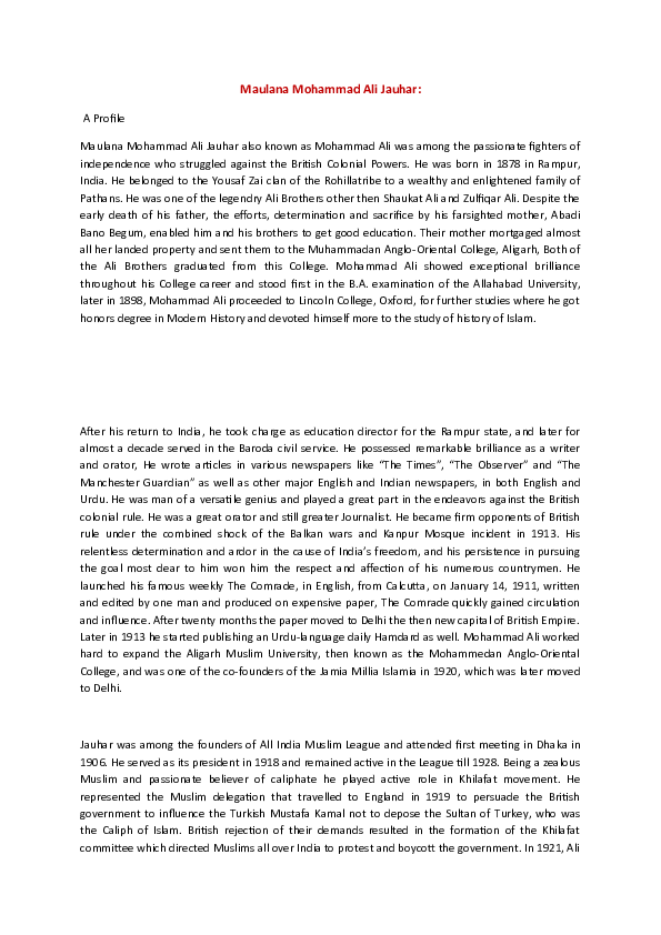(DOC) Maulana Mohammad Ali Jauhar 2 | sadiq ullah - Academia.edu