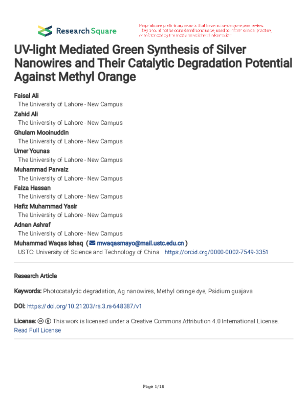 (PDF) UV-light Mediated Green Synthesis of Silver Nanowires and Their Catalytic Degradation ...