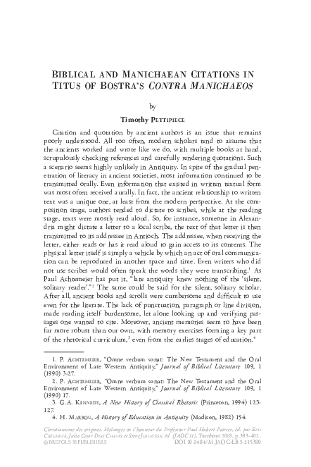 (PDF) Biblical and Manichaean Citations in Titus of Bostra’s Contra ...