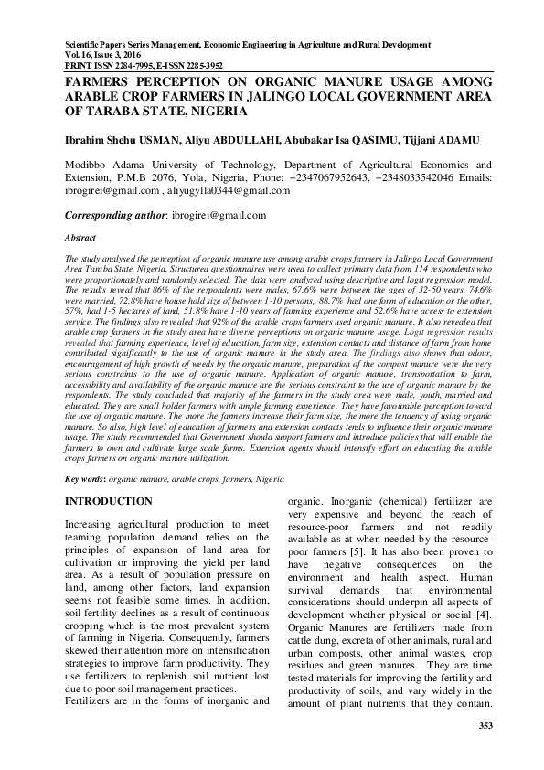 (PDF) Farmers Perception on Organic Manure Usage Among Arable Crop Farmers in Jalingo Local ...
