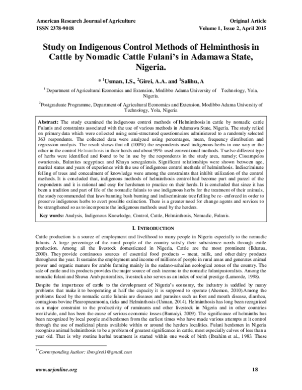 (PDF) Study on Indigenous Control Methods of Helminthosis in Cattle by Nomadic Cattle Fulanis in ...