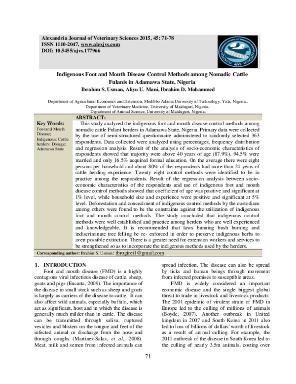 (PDF) Indigenous Foot and Mouth Disease Control Methods among Nomadic Cattle Fulanis in Adamawa ...