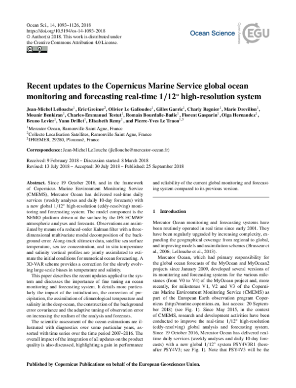 Pdf Recent Updates To The Copernicus Marine Service Global Ocean Monitoring And Forecasting