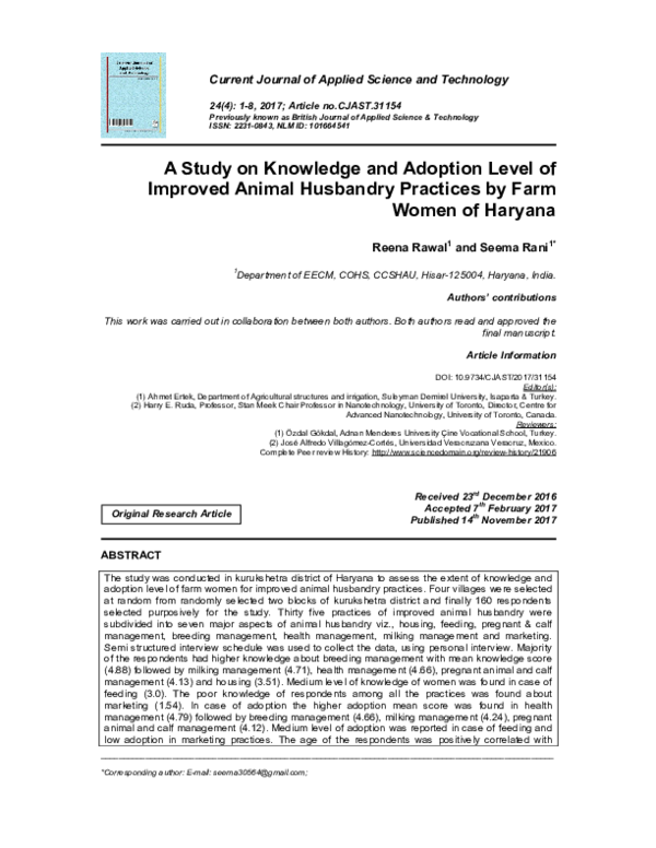 (PDF) A Study on Knowledge and Adoption Level of Improved Animal ...