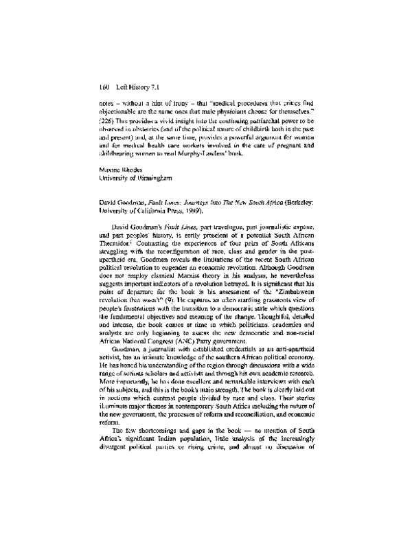 (PDF) David Goodrnan — Fault Lines: Journeys Into the New South Africa