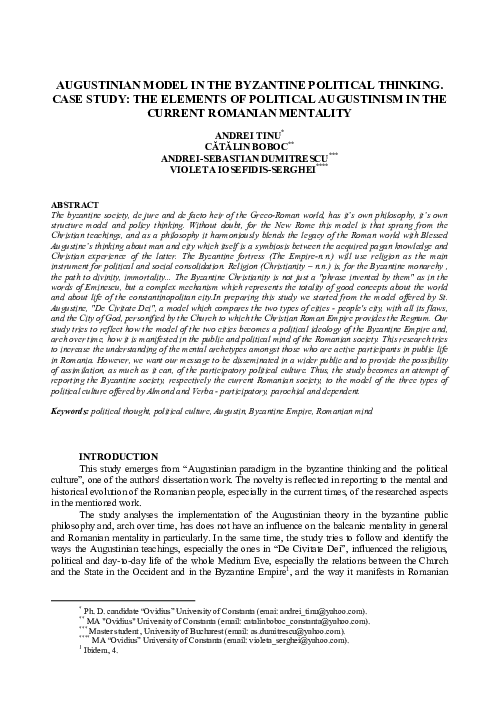 (PDF) Augustinian Model in the Byzantine Political Thinking. Case Study ...