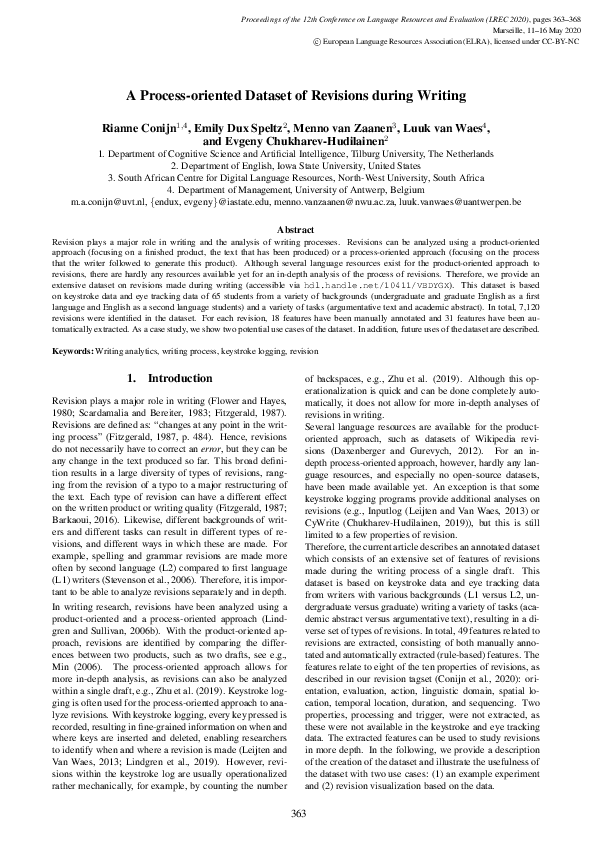 Pdf A Process Oriented Dataset Of Revisions During Writing