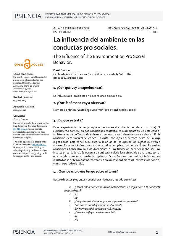(PDF) La influencia del ambiente en las conductas pro sociales