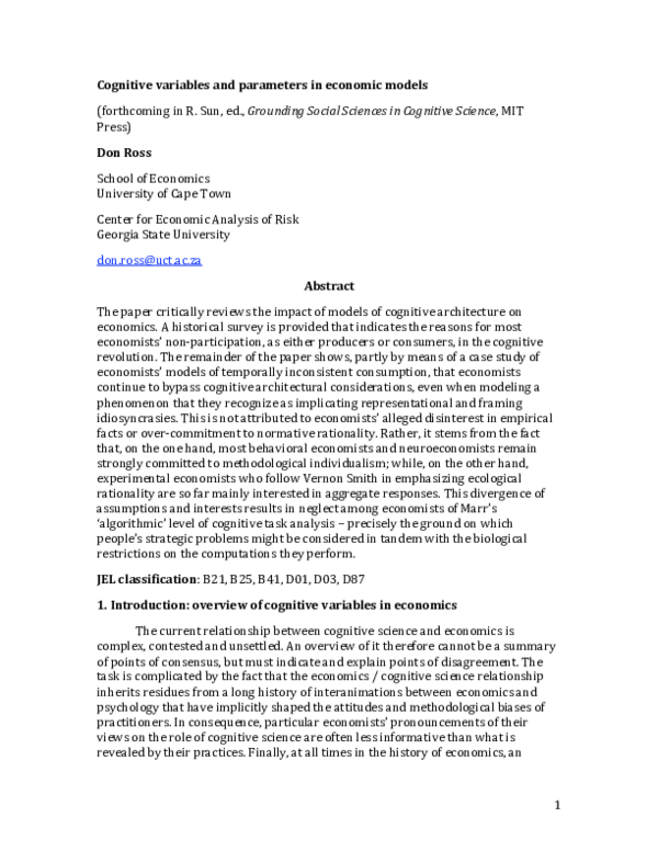 (PDF) Cognitive Variables and Parameters in Economic Models