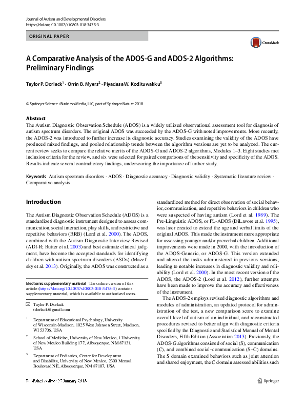 (PDF) A Comparative Analysis of the ADOS-G and ADOS-2 Algorithms ...