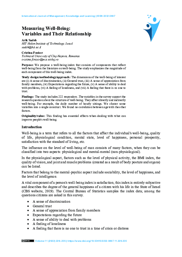 (PDF) Measuring Well Being: Variables and Their Relationship