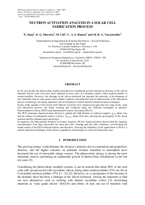 (PDF) Neutron activation analysis in a solar cell fabrication process