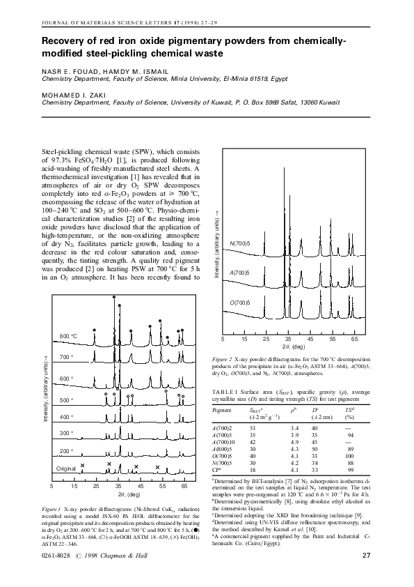 (PDF) Recovery of red iron oxide pigmentary powders from chemically ...
