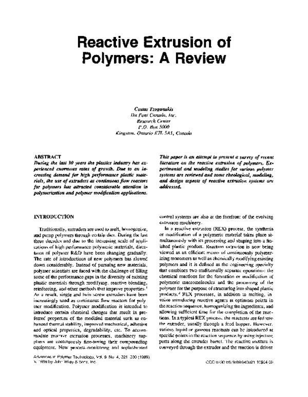 (PDF) Reactive extrusion of polymers: A review