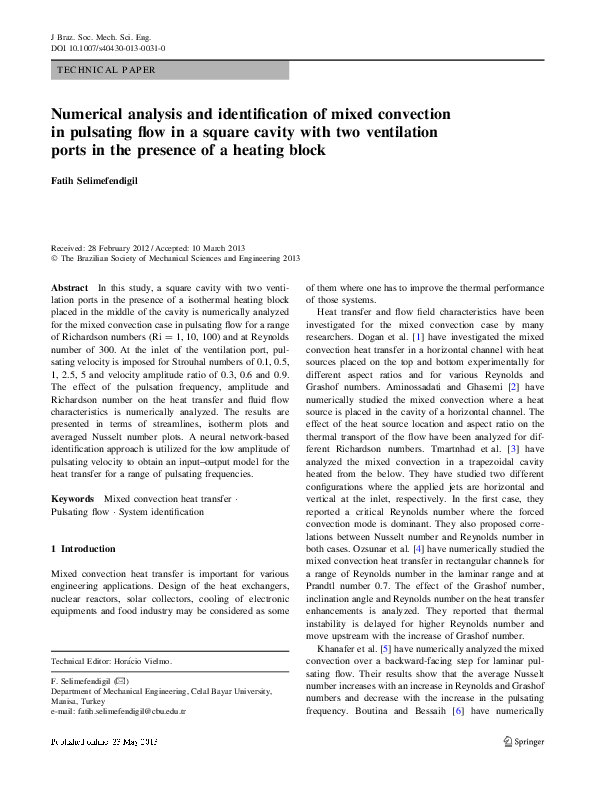 Pdf Numerical Analysis And Identification Of Mixed Convection In Pulsating Flow In A Square