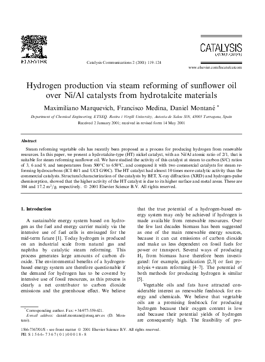 (PDF) Hydrogen production via steam reforming of sunflower oil over Ni/Al catalysts from ...