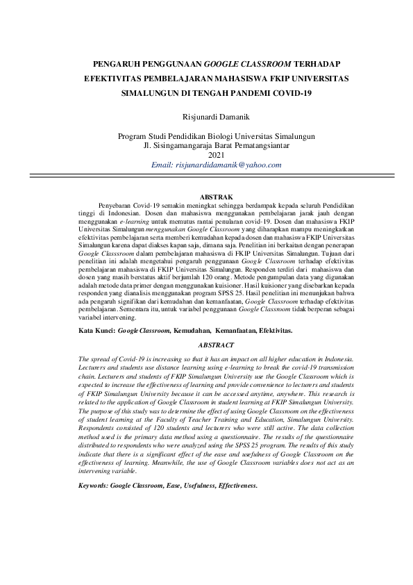 (PDF) PENGARUH PENGGUNAAN GOOGLE CLASSROOM TERHADAP EFEKTIVITAS PEMBELAJARAN MAHASISWA FKIP ...