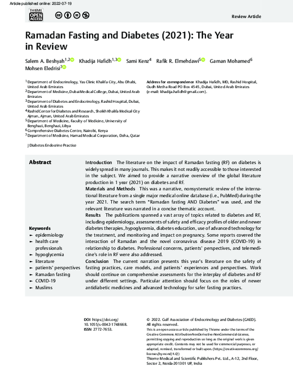 (PDF) Ramadan Fasting and Diabetes (2021): The Year in Review