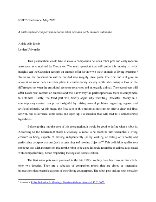 (PDF) A philosophical comparison between robot pets and early modern ...