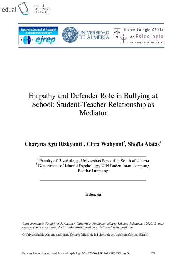 (PDF) Empathy and Defender Role in Bullying at School: Student-Teacher ...