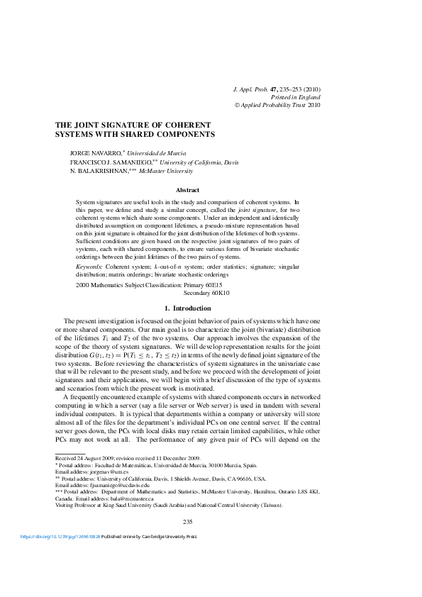 (PDF) The Joint Signature of Coherent Systems with Shared Components