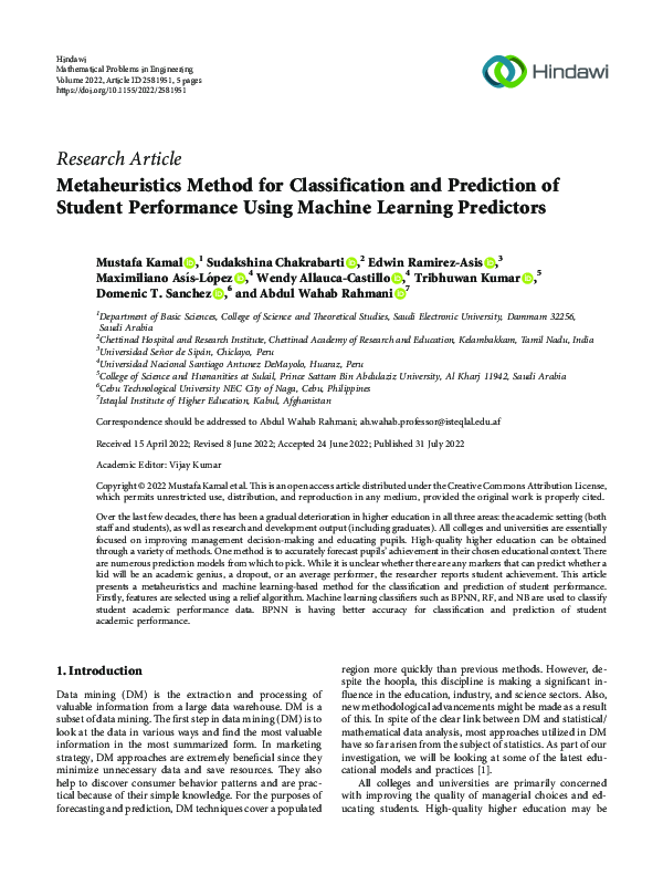 (PDF) Metaheuristics Method for Classification and Prediction of Student Performance Using ...