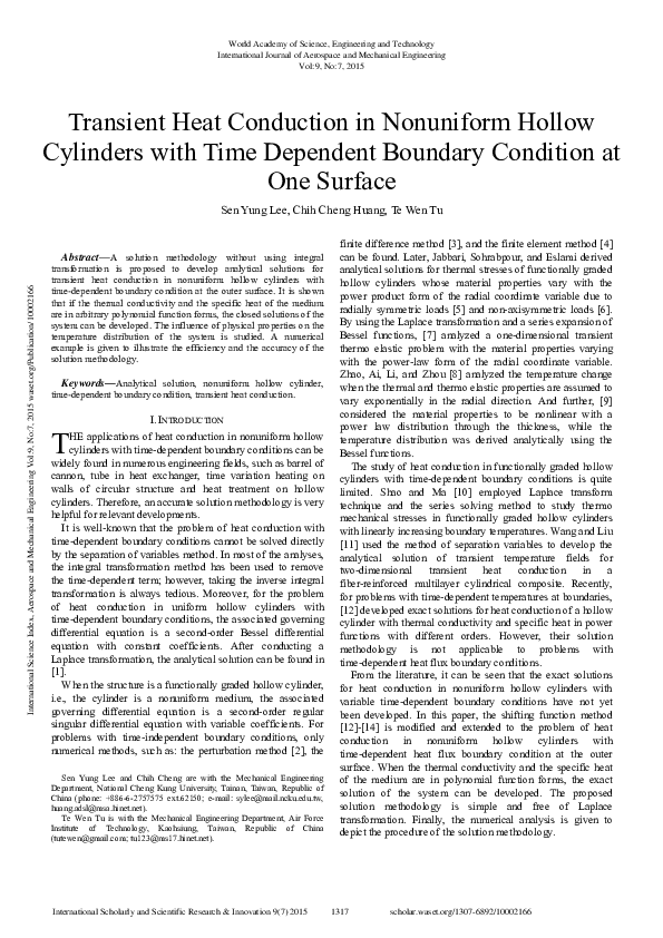 (PDF) Transient Heat Conduction In Nonuniform Hollow Cylinders With Time Dependent Boundary ...
