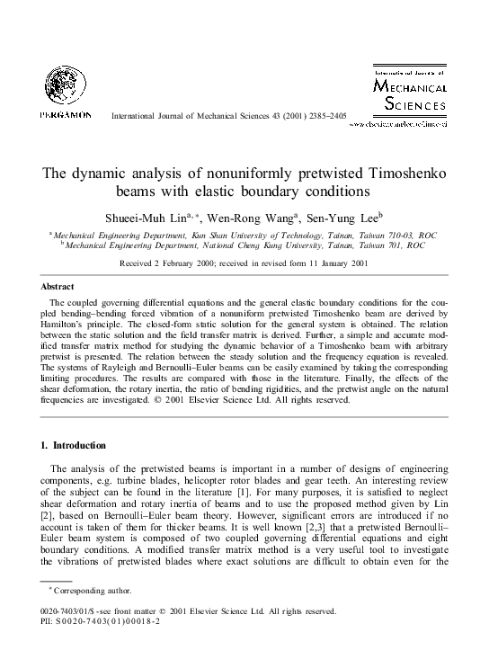 (PDF) The dynamic analysis of nonuniformly pretwisted Timoshenko beams with elastic boundary ...