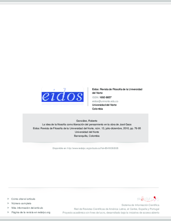 (PDF) La idea de la filosofía como liberación del pensamiento en la obra de José Gaos | Roberto ...