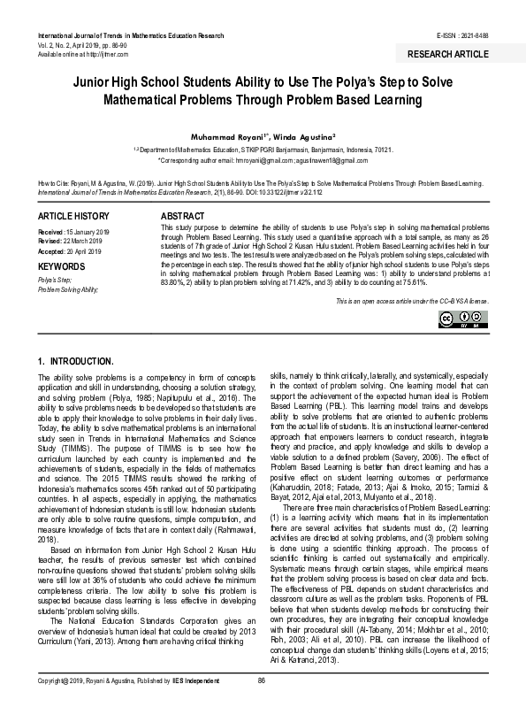 (PDF) Junior High School Students Ability to Use The Polya’s Step to Solve Mathematical Problems ...