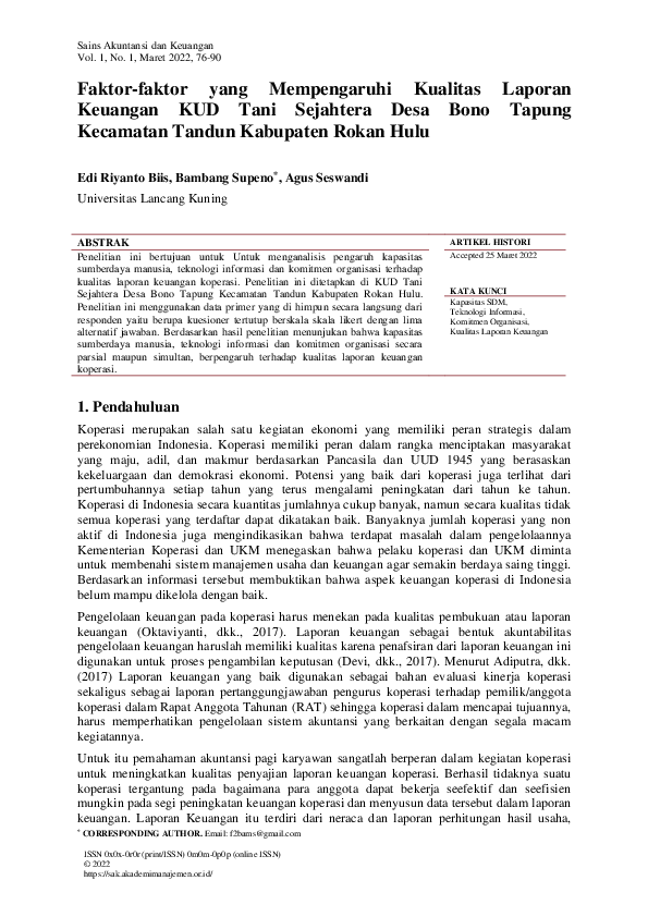 (PDF) Faktor-faktor yang Mempengaruhi Kualitas Laporan Keuangan KUD Tani Sejahtera Desa Bono ...