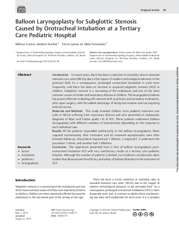 (PDF) Balloon Laryngoplasty for Subglottic Stenosis Caused by ...