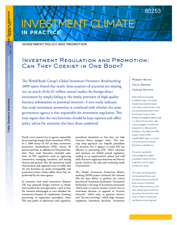 (PDF) Investment regulation and promotion : can they coexist in one body?