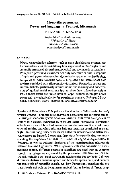 (PDF) Honorific possession: Power and language in Pohnpei, Micronesia