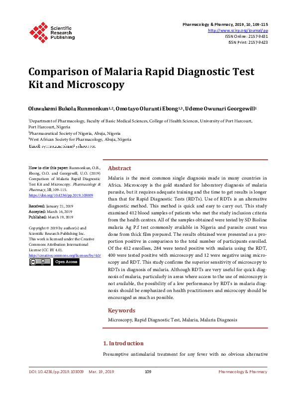 (PDF) Comparison of Malaria Rapid Diagnostic Test Kit and Microscopy