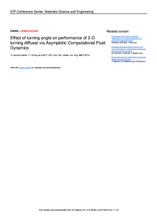 Pdf Effect Of Turning Angle On Performance Of 2 D Turning Diffuser Via Asymptotic