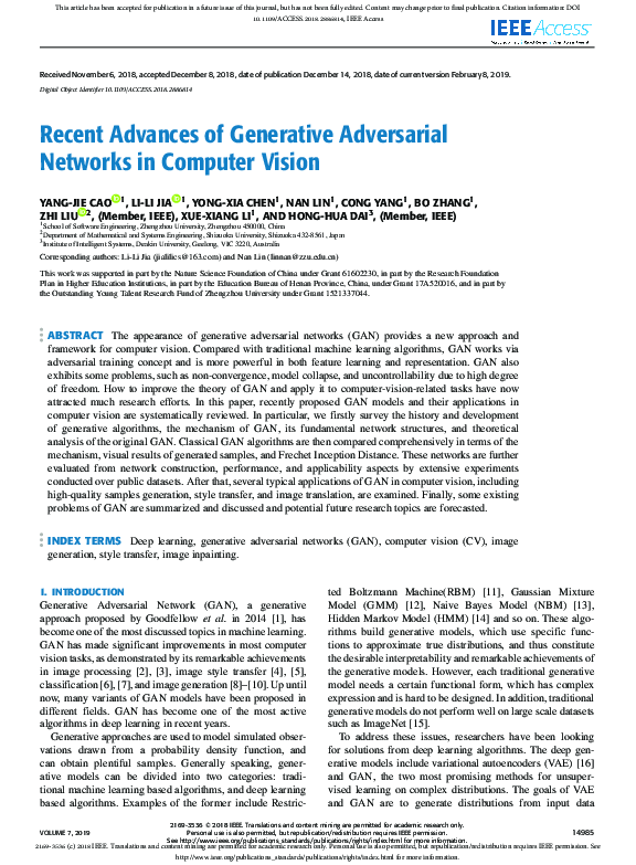 (PDF) Recent Advances of Generative Adversarial Networks in Computer Vision