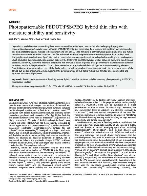 (PDF) Photopatternable PEDOT:PSS/PEG hybrid thin film with moisture ...