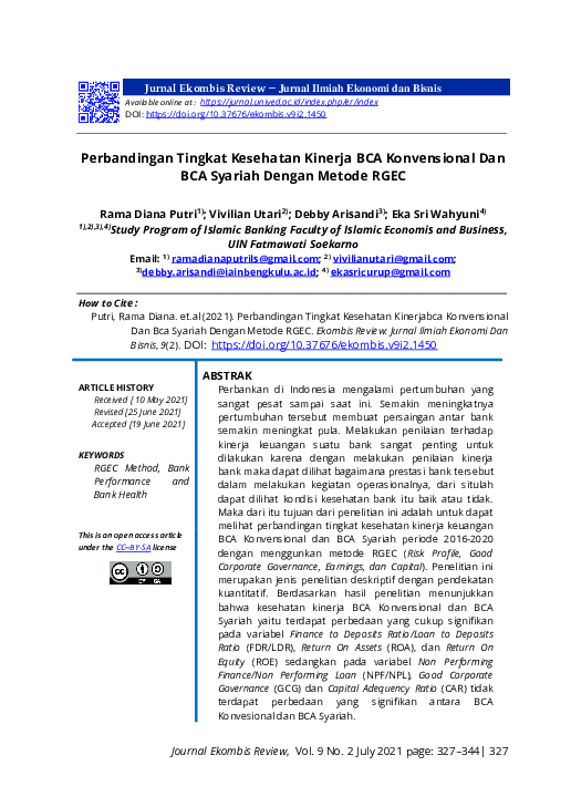 (PDF) Perbandingan Tingkat Kesehatan Kinerja BCA Konvensional dan BCA Syariah dengan Metode RGEC