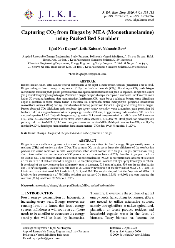 (PDF) Capturing CO2 from Biogas by MEA (Monoethanolamine) using Packed ...