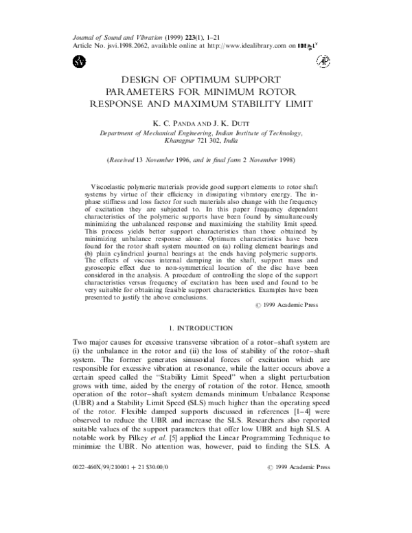 (PDF) Design of Optimum Support Parameters for Minimum Rotor Response ...