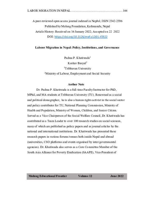 (PDF) Labour Migration in Nepal: Policy, Institutions, and Governance