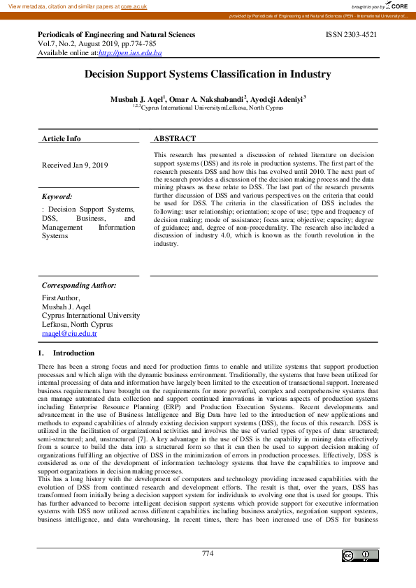 (PDF) Decision Support Systems Classification in Industry